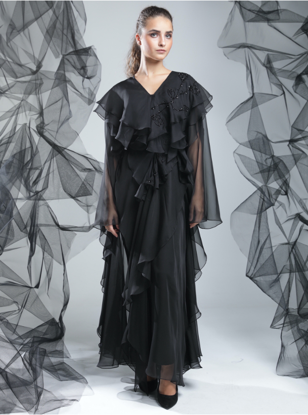 BYK20005 Abaya Black chiffon ruffled abaya adorned with embellishments ...