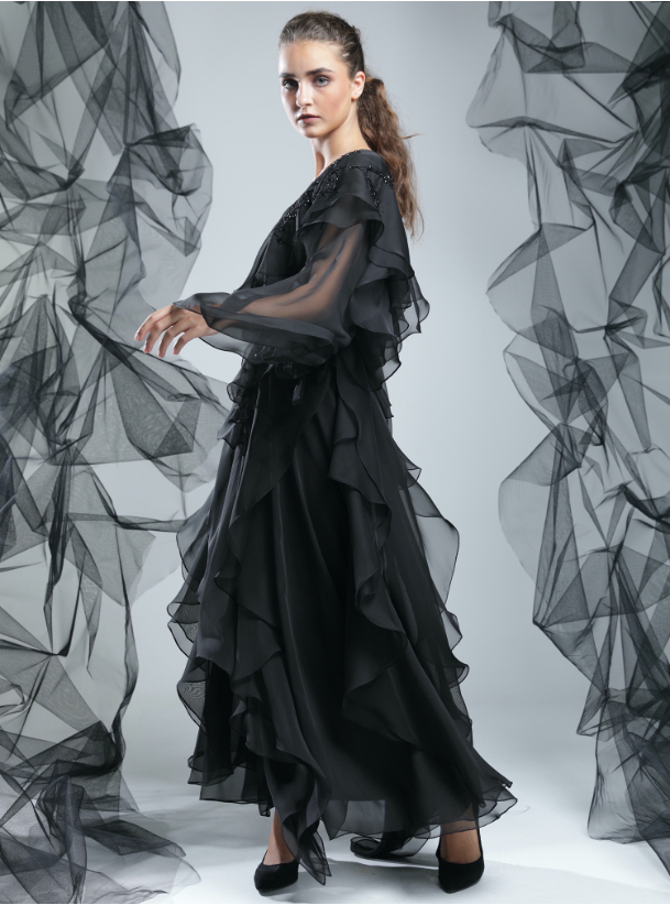 BYK20005 Abaya Black chiffon ruffled abaya adorned with embellishments ...