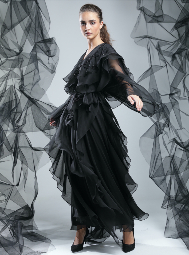 BYK20005 Abaya Black chiffon ruffled abaya adorned with embellishments ...