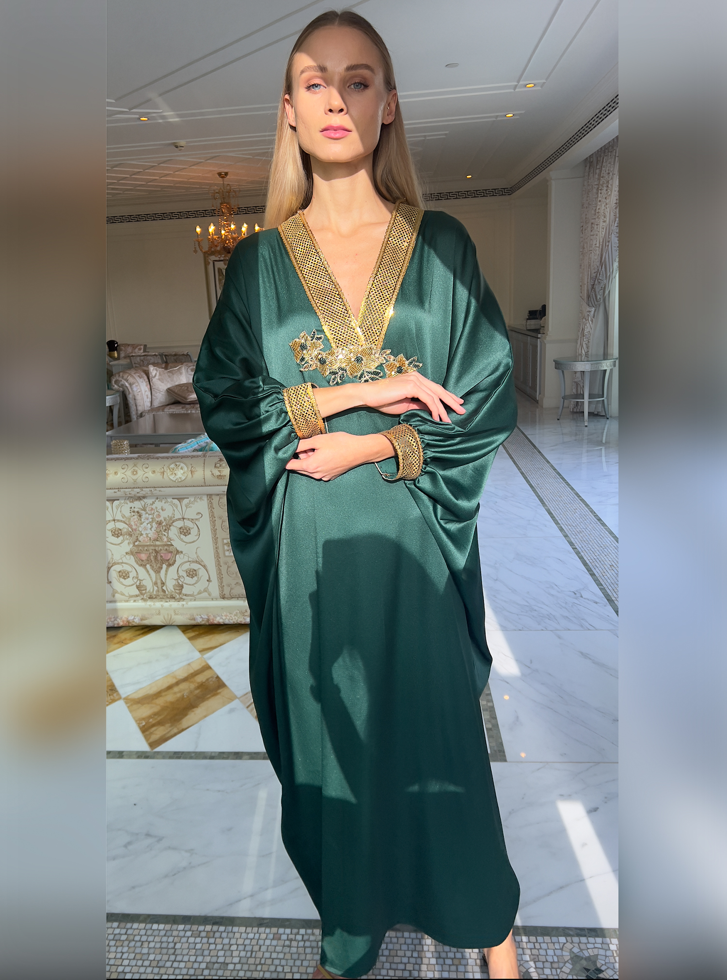 DOWA GREEN Crepe kaftan Kaftans from Maison Arabelle at Boksha