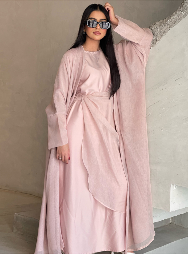 Pink Set 4-piece set featuring a pink organza A-line abaya with inner dress, belt and headscarf ...