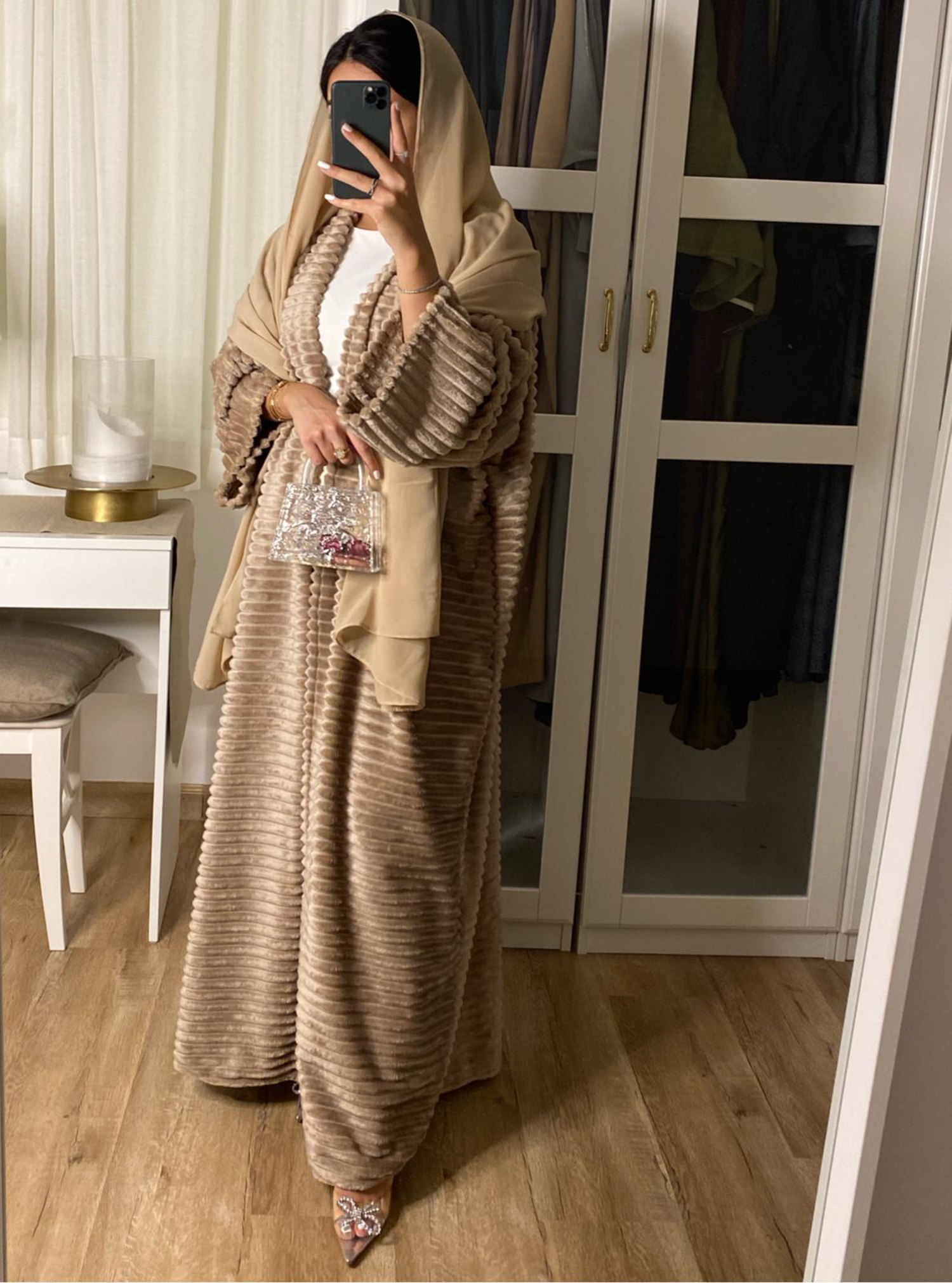 Caramel SoftFur Dark beige ribbed soft fur winter Abaya with headscarf. Abayas from Alef at Boksha