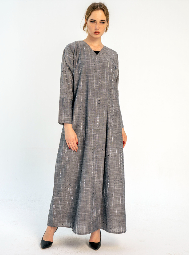 KL887GY Grey Grey striped linen abaya with headscarf. Abayas from K ...