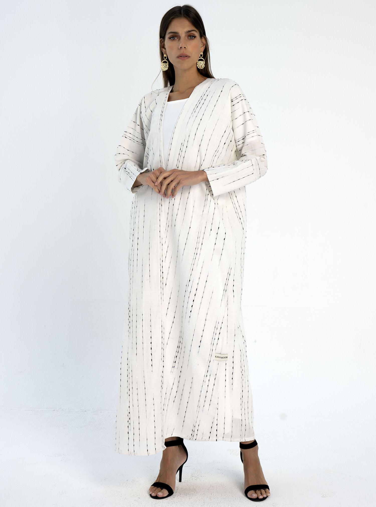 K887WH Abaya White Stripe Linen Bisht Abaya With Cuffed Sleeves.Comes ...