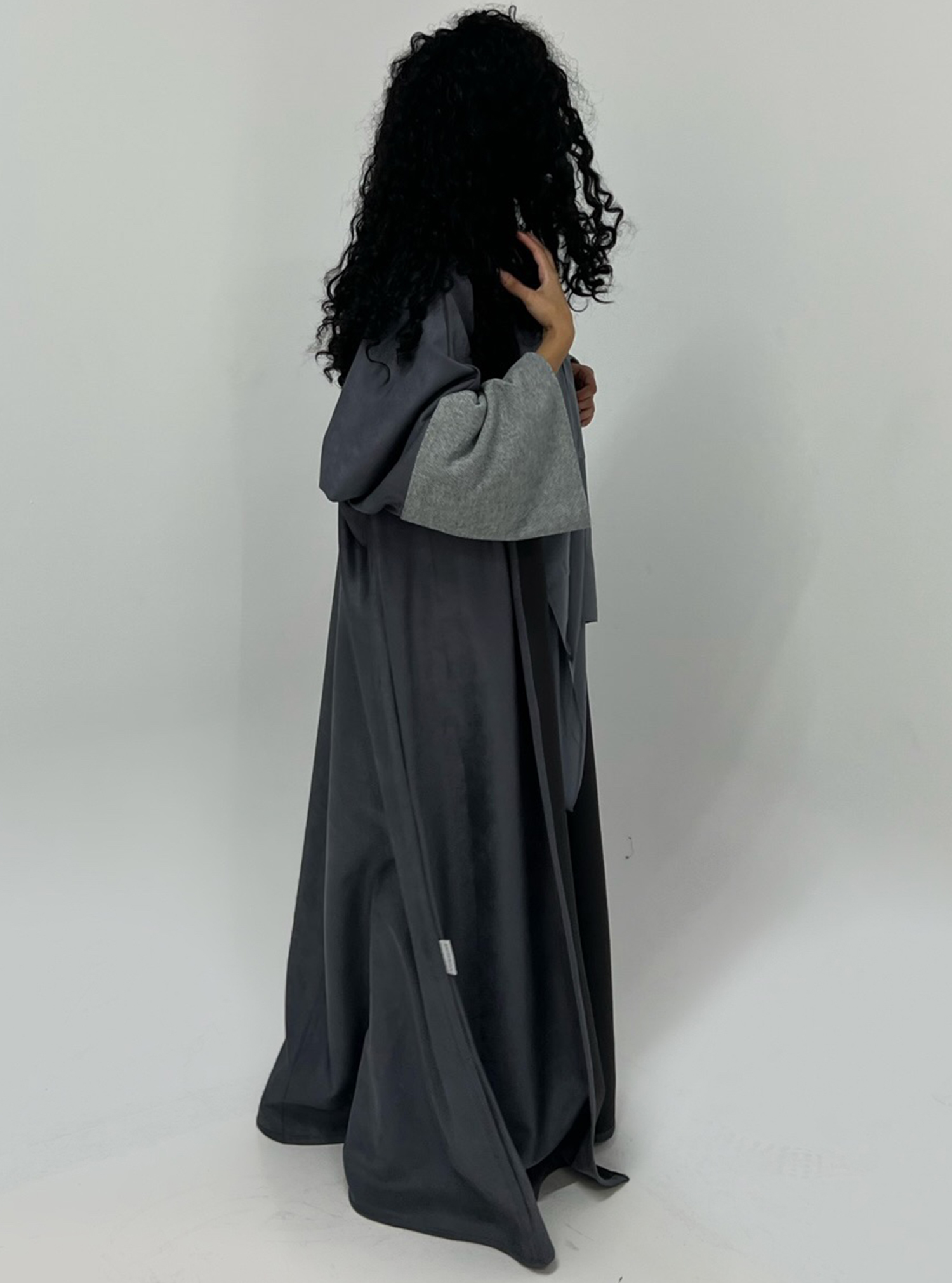 PEARL GREY -035 Grey chamios A-line abaya with contrast sleeve trimming. Comes with a headscarf ...