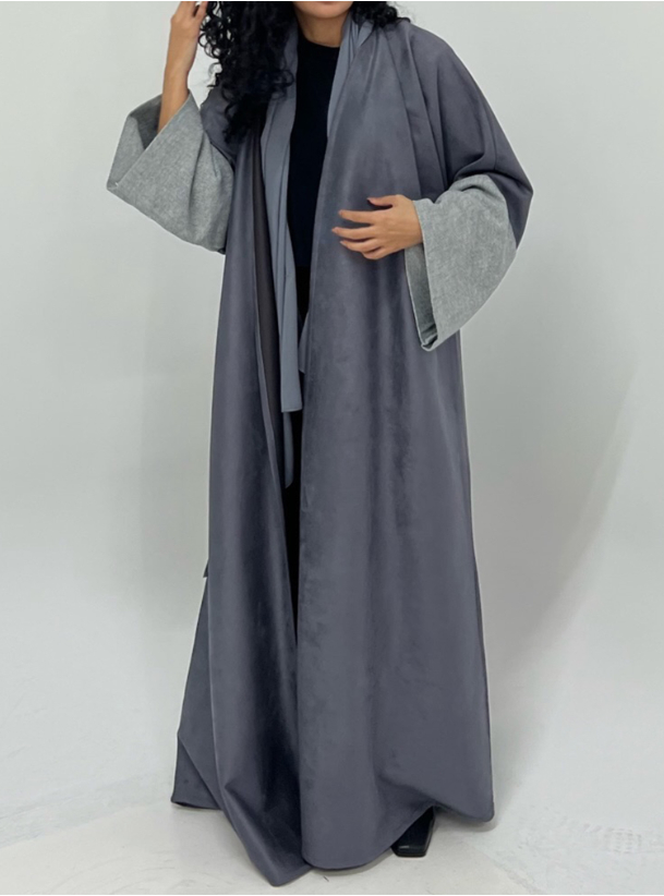 PEARL GREY -035 Grey chamios A-line abaya with contrast sleeve trimming. Comes with a headscarf ...