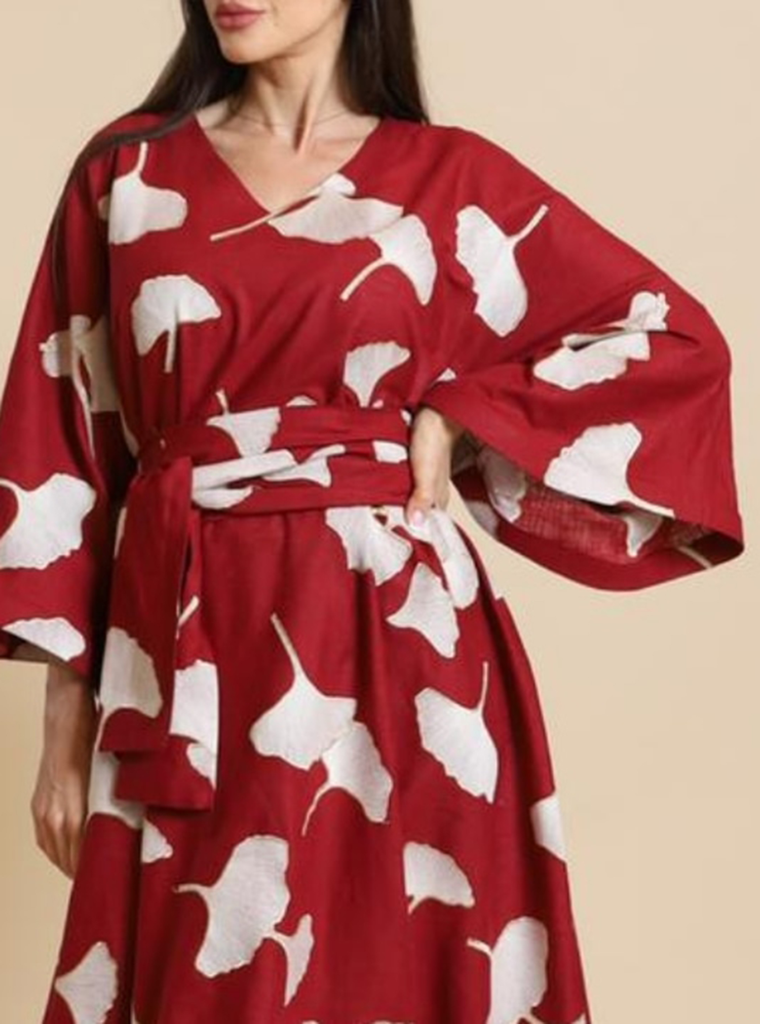 Linen Kaftan P3M6- Maroon linen embroidered kaftan with belt. Length 53 ...