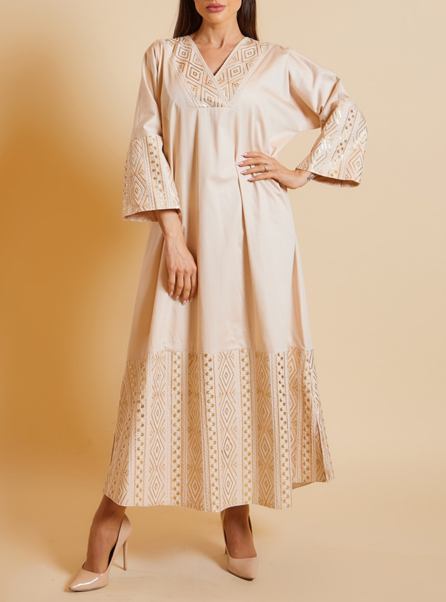 Kaftan P3M11- Beige embroidered kaftan with sides slit. Length - 53 inches. Kaftans from Phases ...