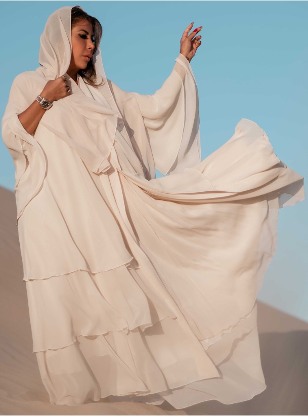 Layered Abaya Beige tiered flowy chiffon abaya with matching headscarf ...