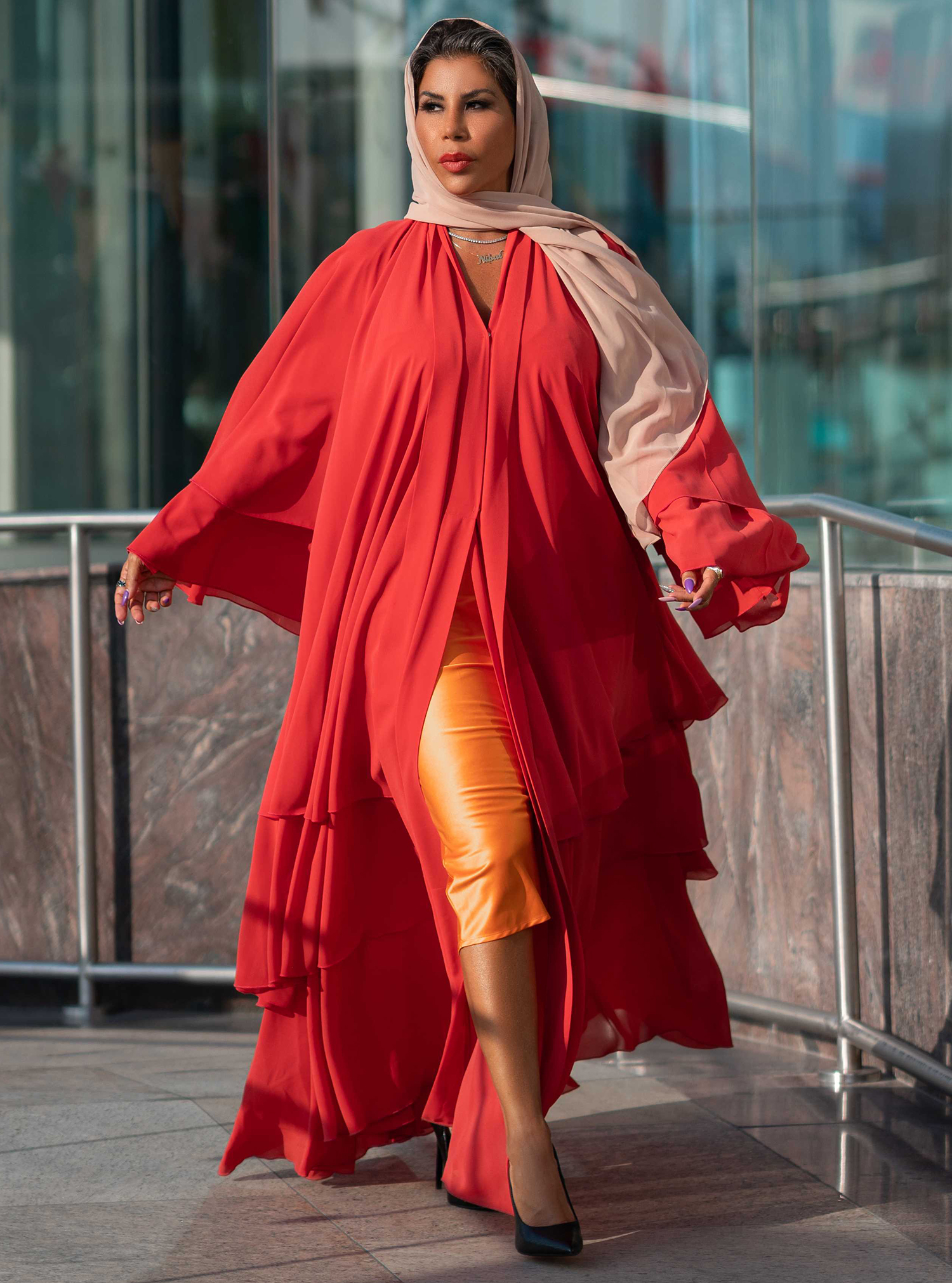 Layered Abaya Red tiered flowy chiffon abaya with Khamsa symbol ...