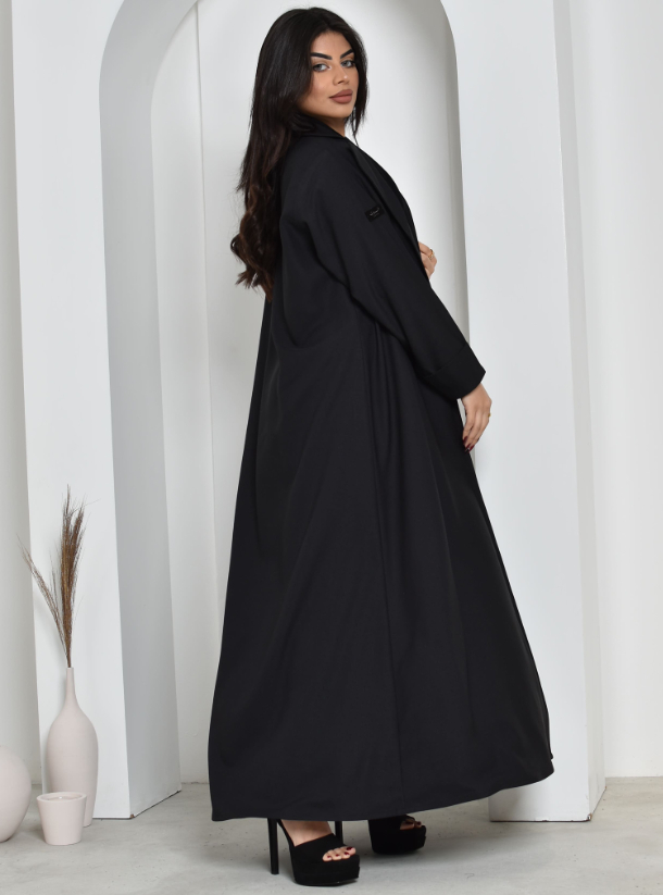 M02 Black coat-style abaya with decorative buttons. Comes with a ...