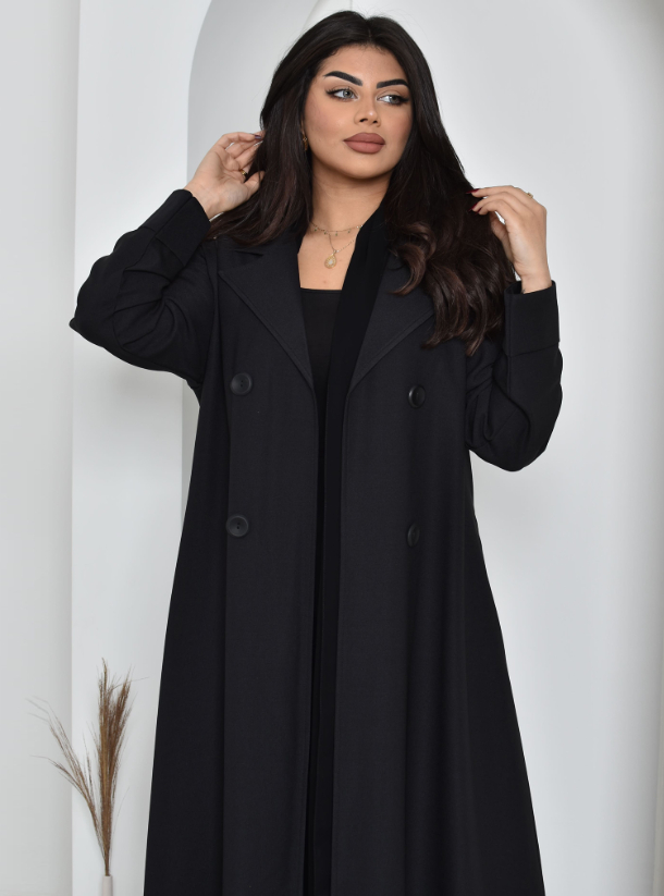 M02 Black coat-style abaya with decorative buttons. Comes with a ...