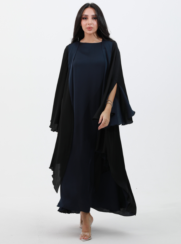 Abaya Set 3-piece set featuring a black abaya with cape sleeves, a ...