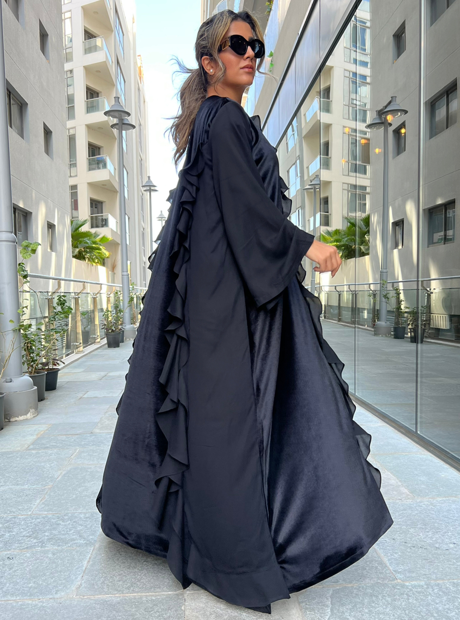 02RV Abaya Black velvet abaya with wide sleeves and ruffled trimmings ...
