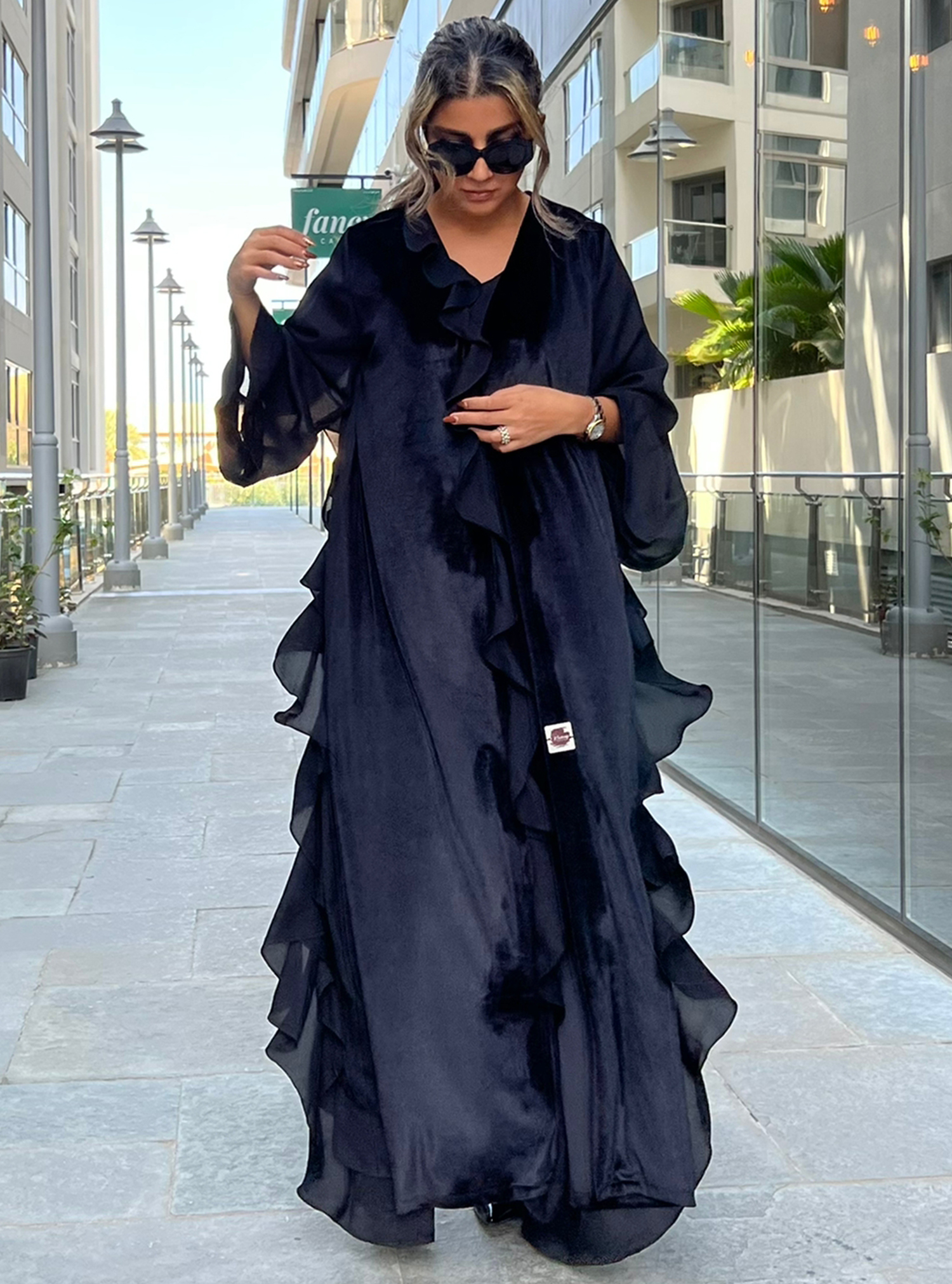 02RV Abaya Black velvet abaya with wide sleeves and ruffled trimmings ...