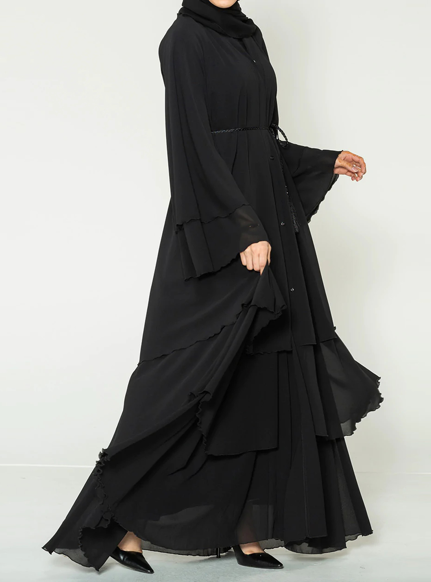 NOAS038 Abaya Black tiered chiffon Abaya with matching headscarf. Abayas from Noarain ...