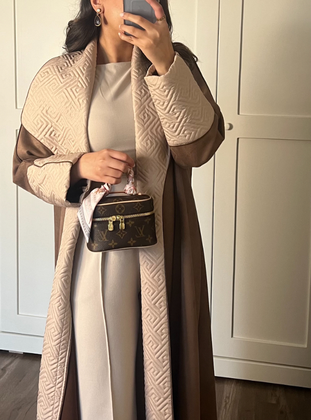 Winter Abaya Camel shamwah abaya featuring quilted details on collar and sleeve cuffs. Comes ...