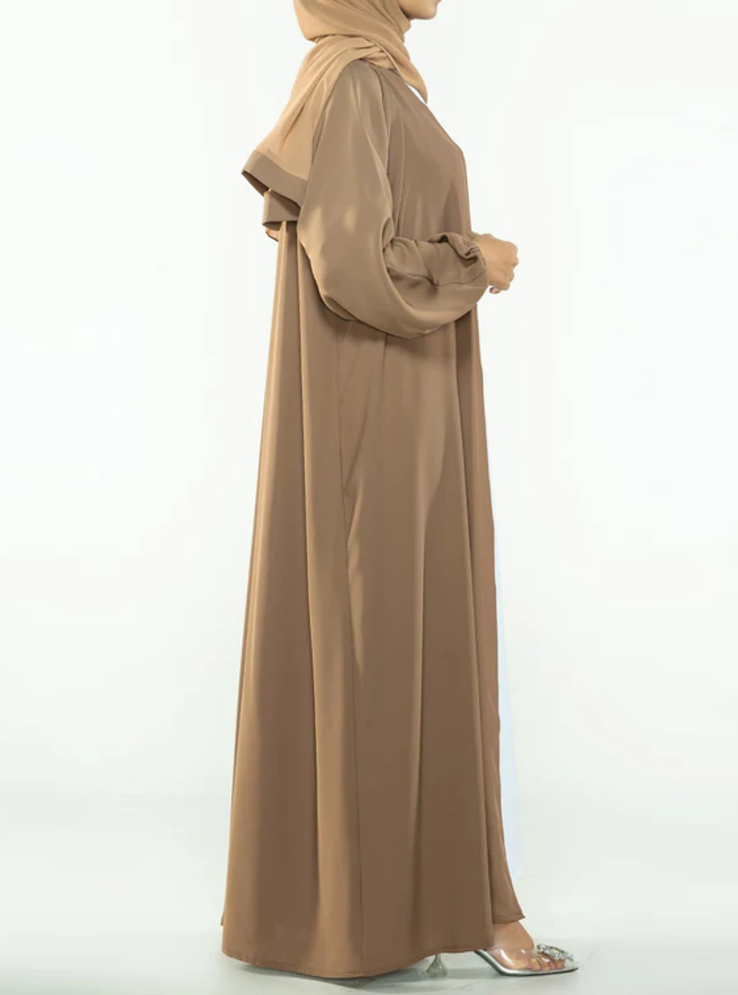 NOAS037 Abaya Tortilla brown flowy abaya with bubble sleeves. Comes with a headscarf, belt and ...