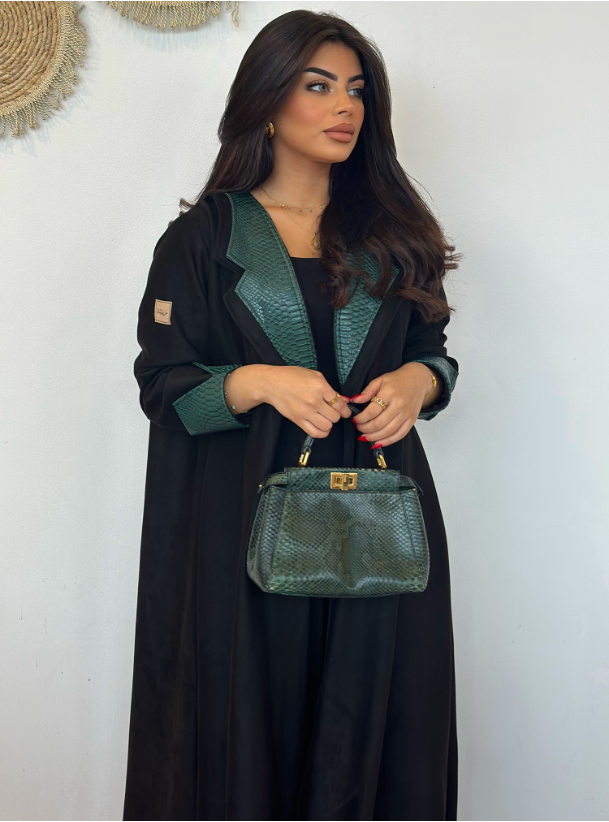 Coat Abaya Black winter abaya with green leather trimmings. Comes with ...