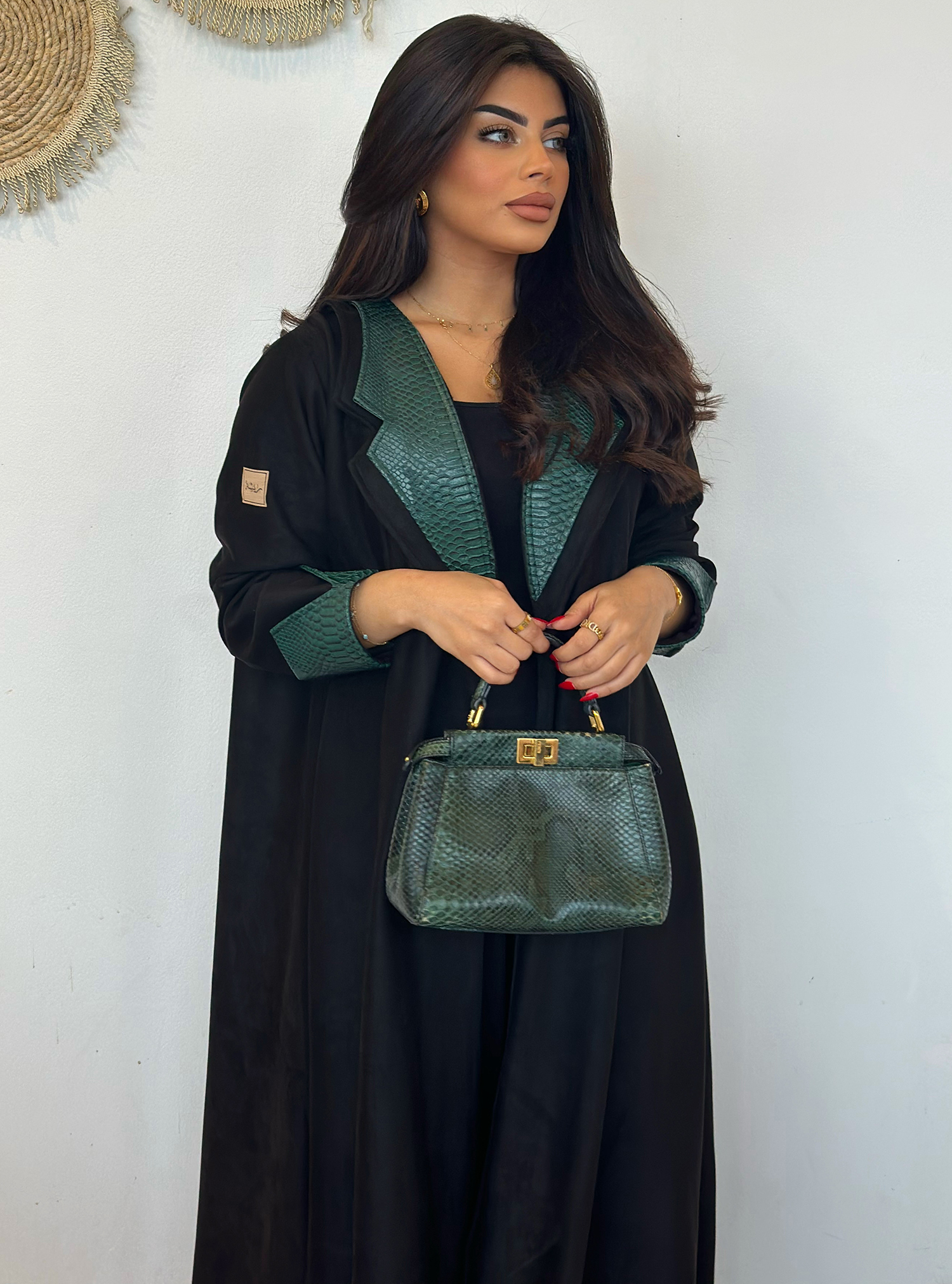 Coat Abaya Black winter abaya with green leather trimmings. Comes with ...