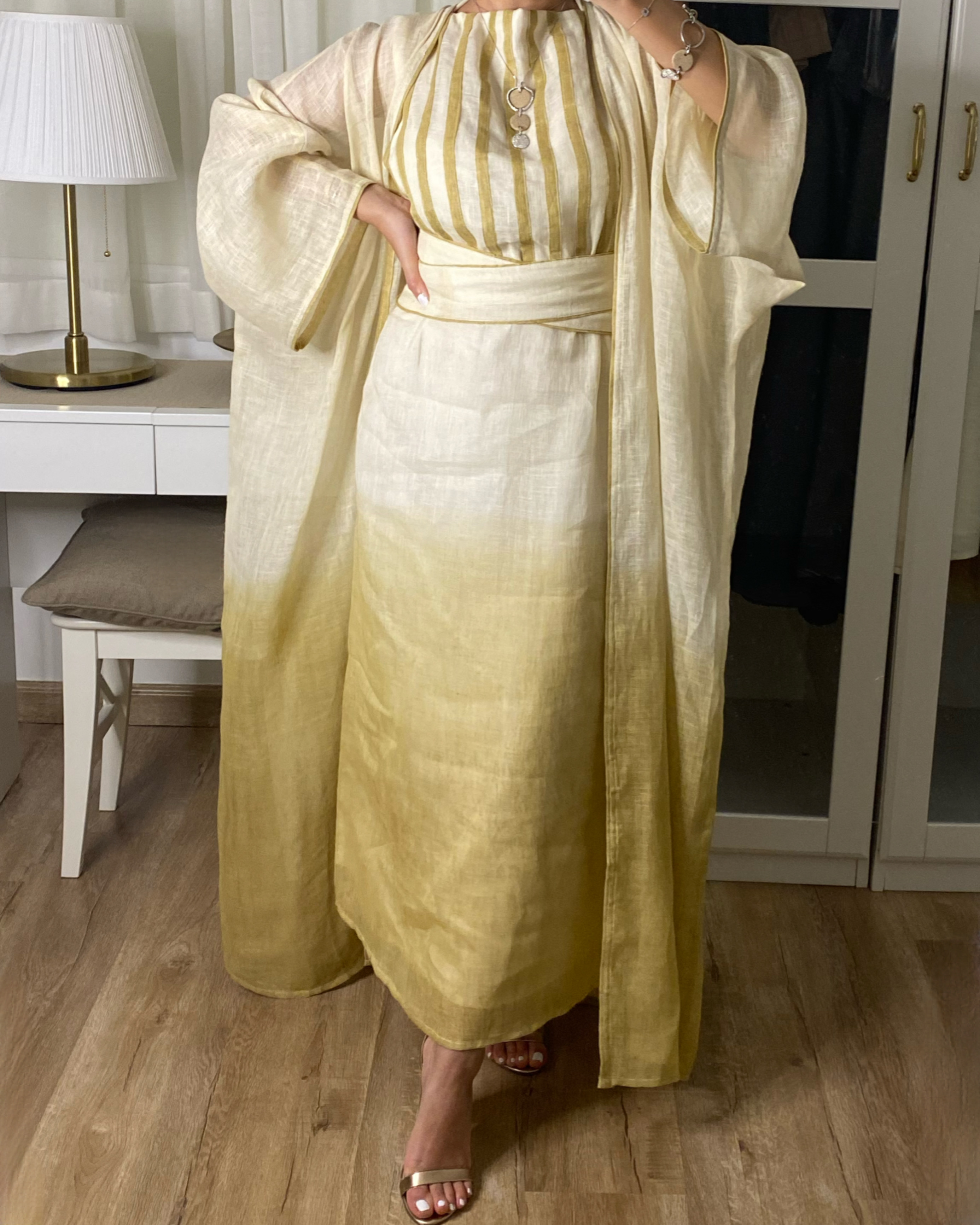 Ombre Set Offwhite and Green Ombre Linen Bisht, Dress and Belt Kaftans ...