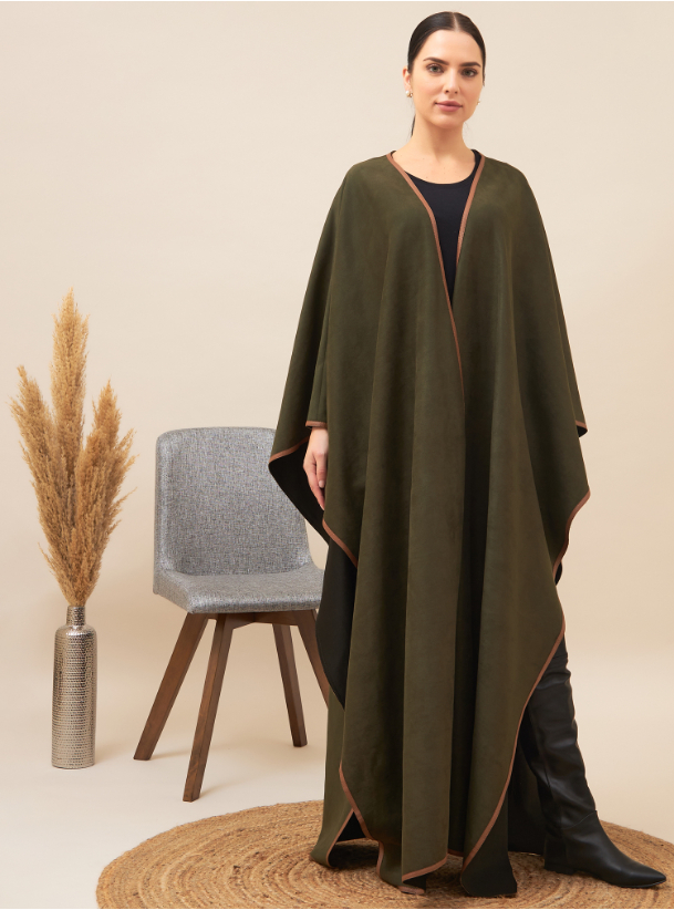 Chamois Cape Moss green cape with leather trimmings. Abayas from at Boksha