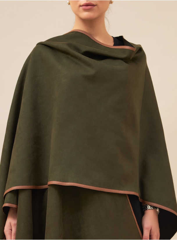 Chamois Cape Moss green cape with leather trimmings. Abayas from at Boksha