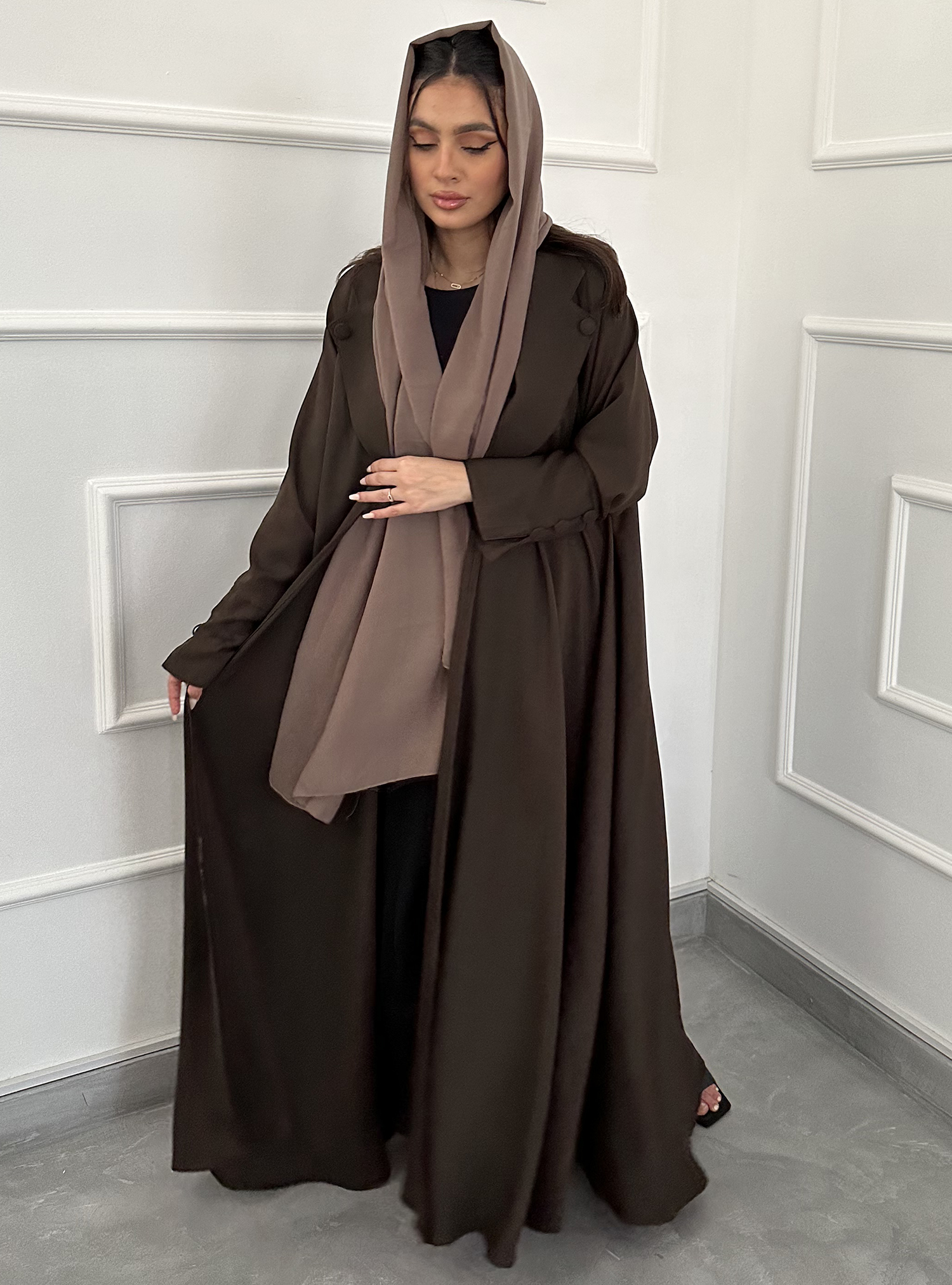 Nov3-81 Coat style coffee brown double klosh abaya with buttons Abayas from Nov3 at Boksha