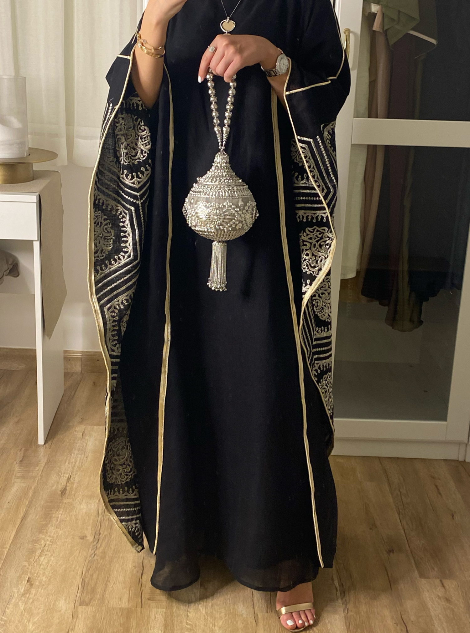 Black Jalabiya Black Linen Double Sided Jalabiya with Light Gold ...