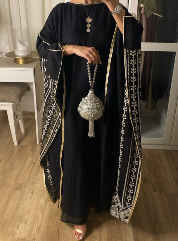 Black Jalabiya Black Linen Double Sided Jalabiya with Light Gold ...