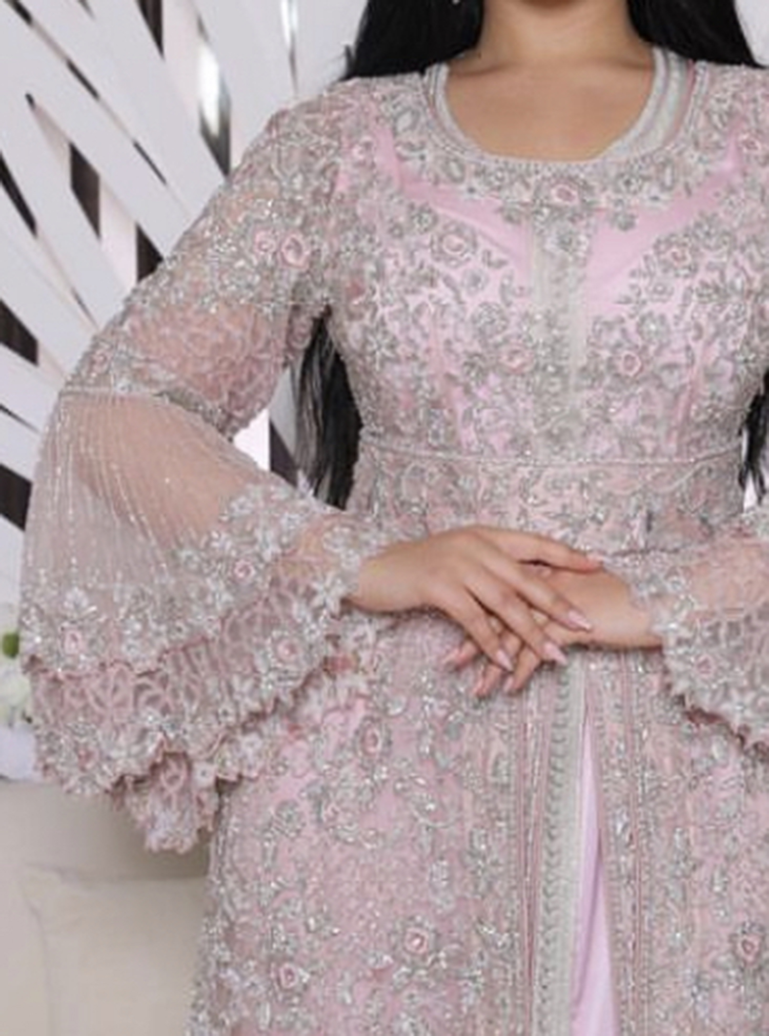 Pink Kaftan Light pink intricately embellished kaftan with flounced ...