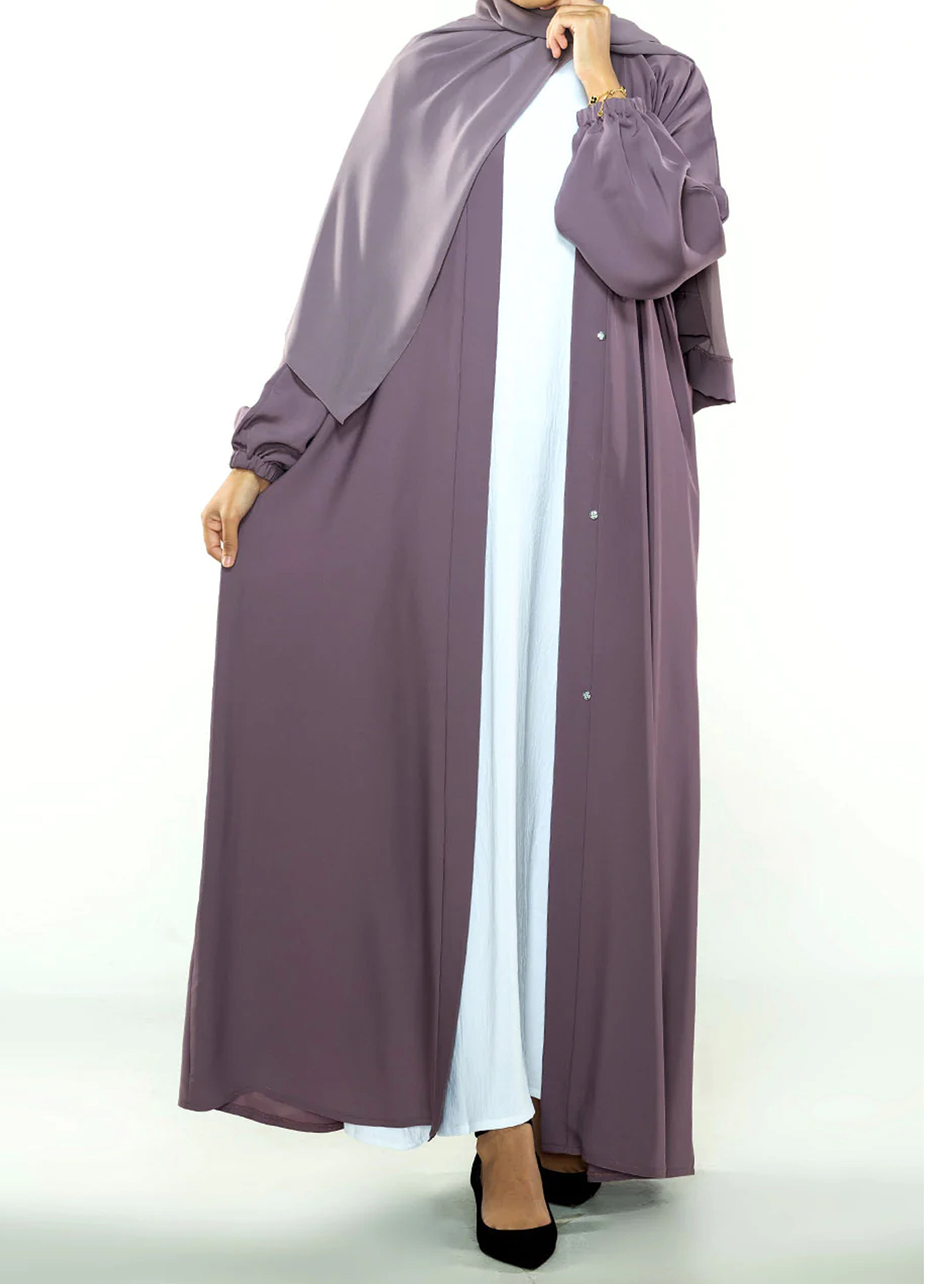 NOAS030 Abaya Mauve Abaya with elastic sleeves. Comes with an inner ...