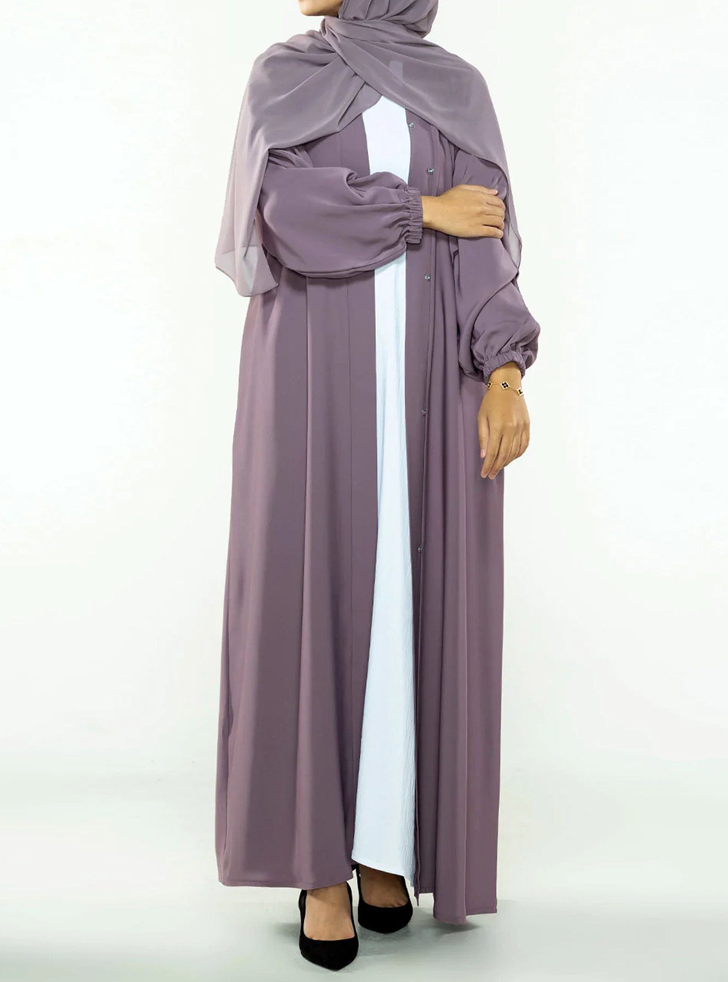 NOAS030 Abaya Mauve Abaya with elastic sleeves. Comes with an inner ...