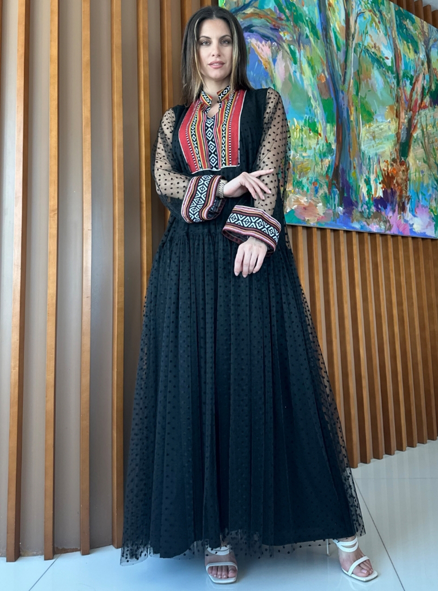 Star sadaw Star design tull jalabia with sadaw print boarders Kaftans ...