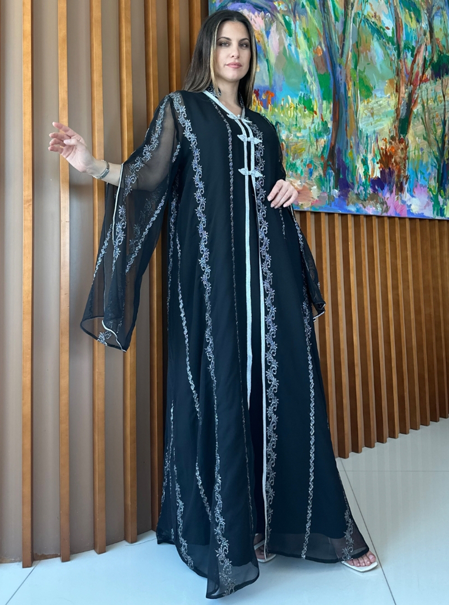 Cape kaftan Black chiffon cape jalabia fully emrodiered with lace Kaftans from Trendy Palace at ...