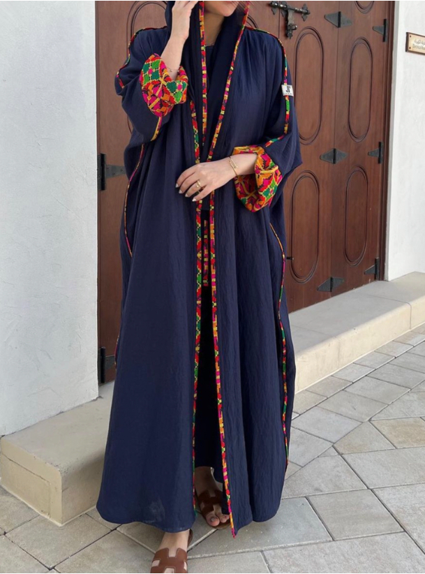 3 piece Abaya 3 piece set featuring a navy linen abaya with colorful ...