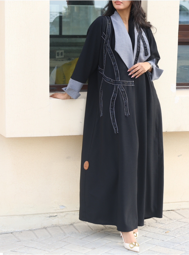 Black and grey Black and grey coat-style abaya with embellished linear ...