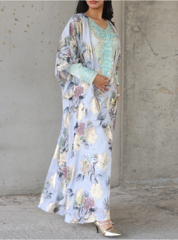 Mukhawar blue Blue mukhawar kaftan with floral chiffon overlay ...