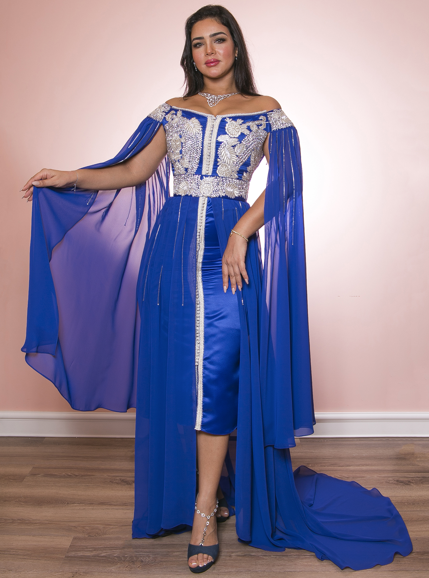 Royal Kaftan Royal blue modern evening kaftan with off-shoulder neckline and cape sleeves ...