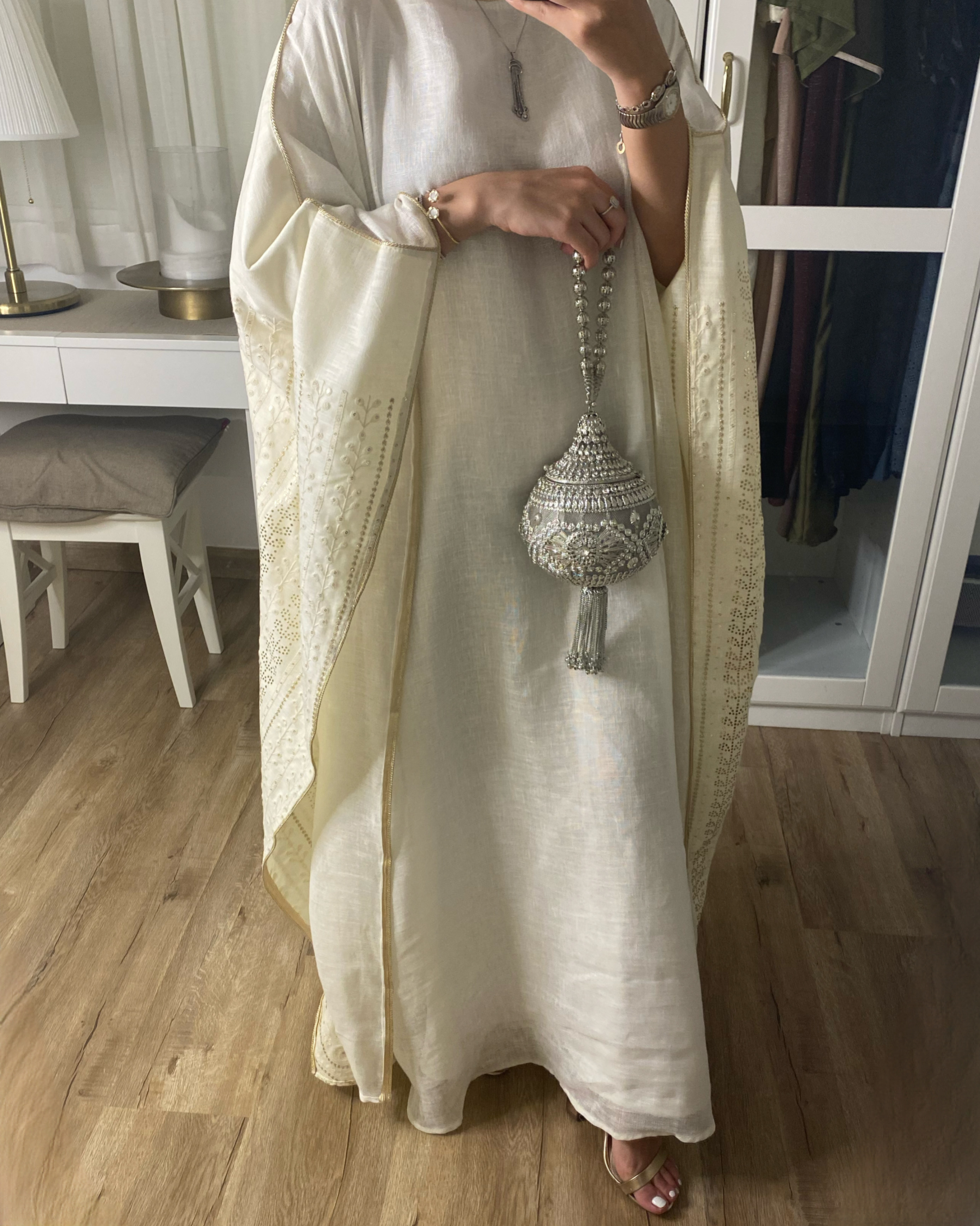 White Jalabiya Off-White Linen Double Sided Jalabiya with Light Gold ...