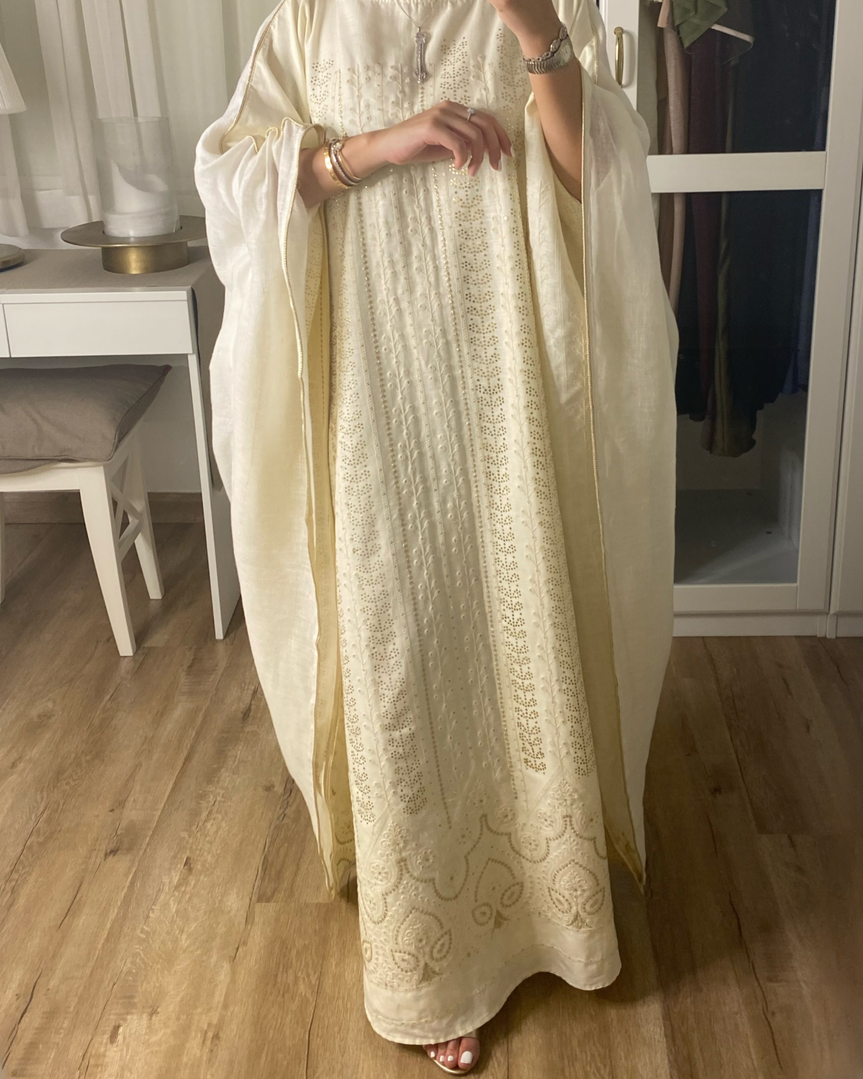 White Jalabiya Off-White Linen Double Sided Jalabiya with Light Gold ...