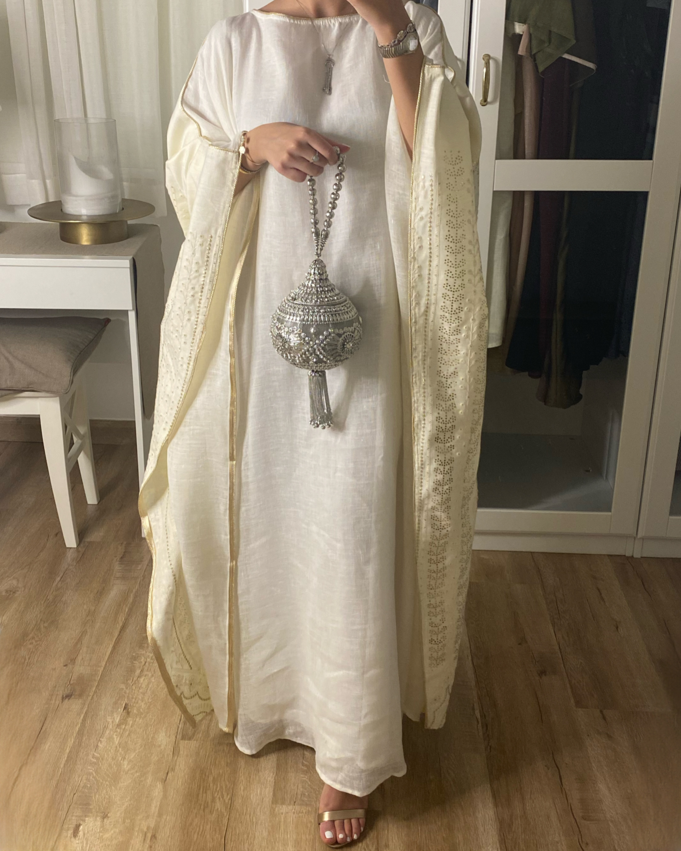 White Jalabiya Off-White Linen Double Sided Jalabiya with Light Gold ...