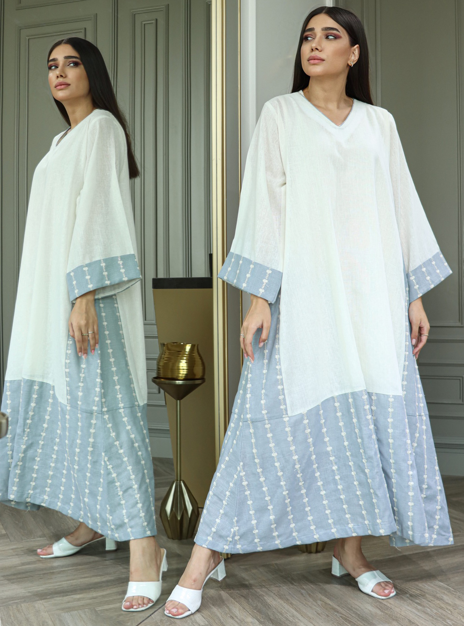 SAYA07 Dress Offwhite linen dress with patterned side panel. Dresses ...