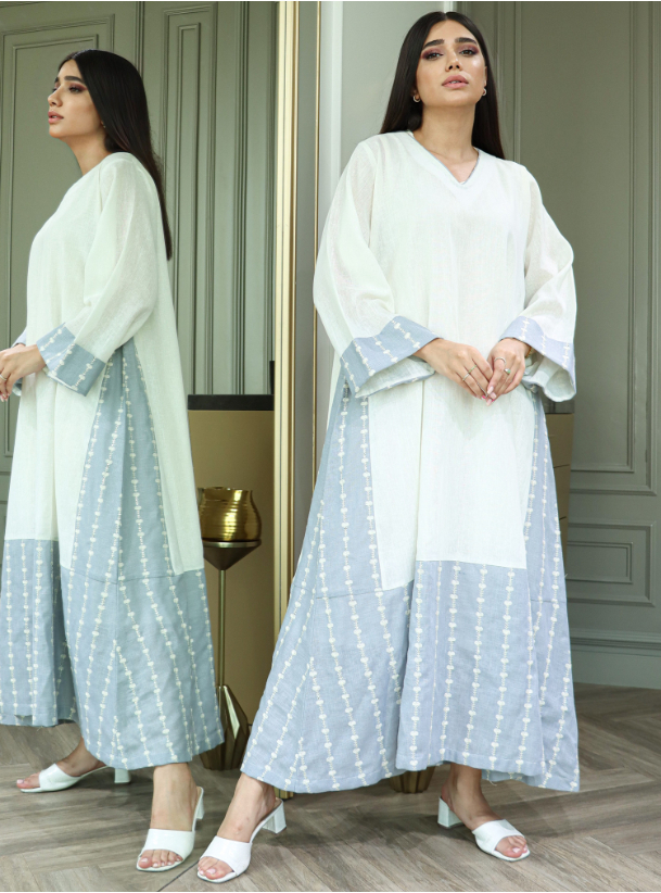 SAYA07 Dress Offwhite linen dress with patterned side panel. Dresses ...