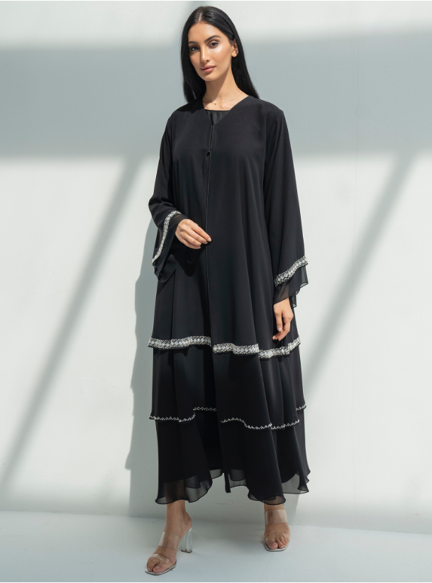 KAZ-116 Korean chiffon black abaya with elegant embroidery details. Comes with a headscarf ...