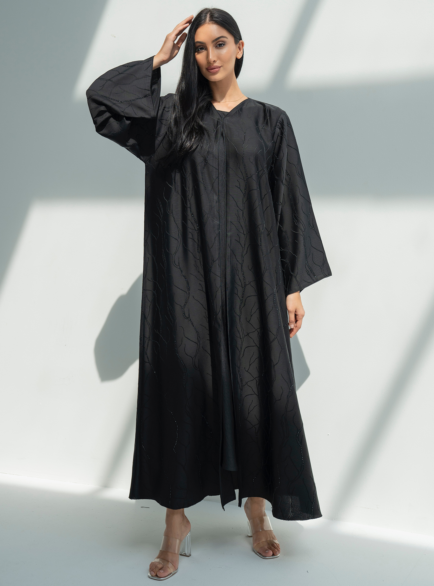 KAZ-139 Abaya Black satin abaya with subtle self-print design. Elegant ...