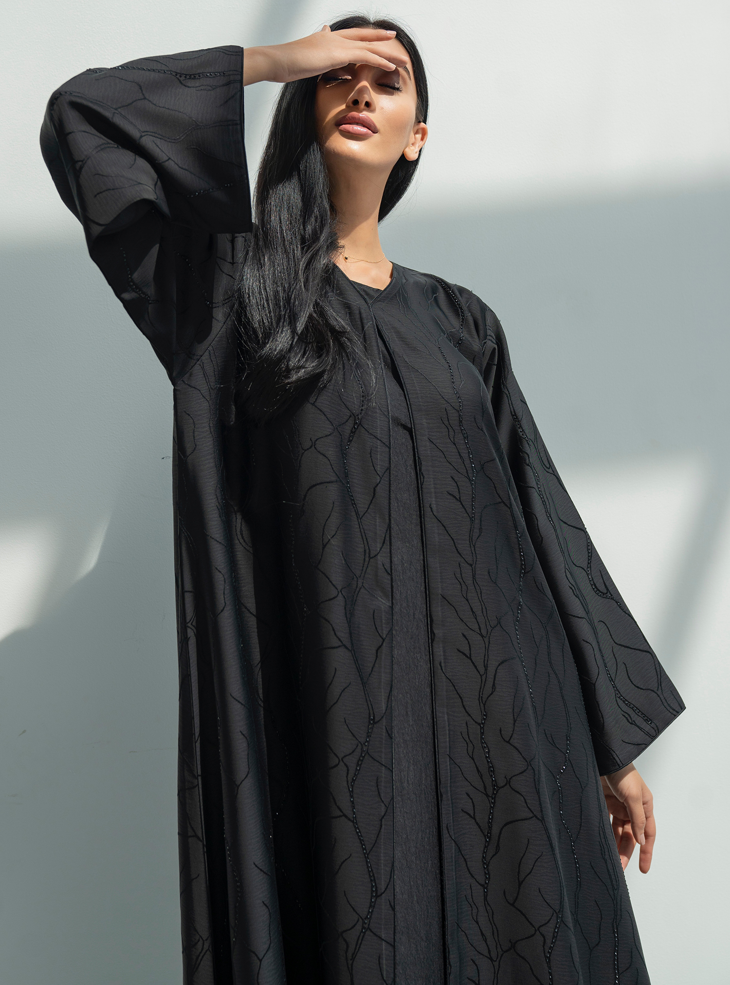 KAZ-139 Abaya Black satin abaya with subtle self-print design. Elegant ...