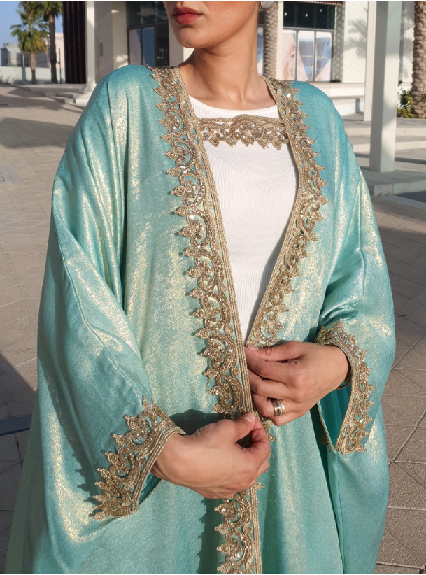 Y001 Bisht Luxurious turquoise bisht with ntricate gold trimmings ...