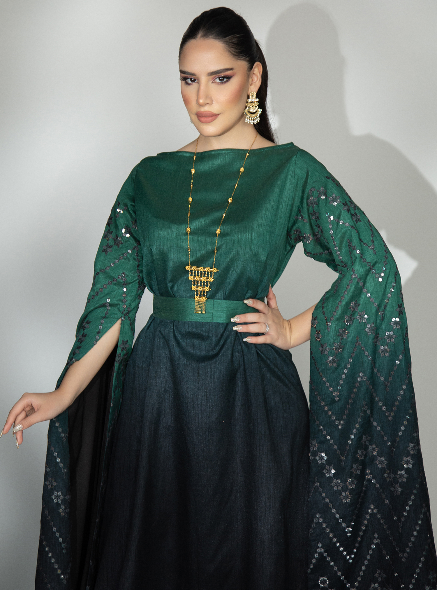 Ramadan Kaftan Ombre forest green modern kaftan with boat neckline and ...