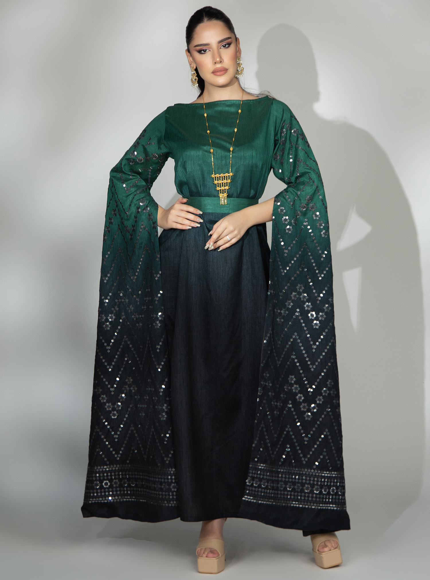 Ramadan Kaftan Ombre forest green modern kaftan with boat neckline and ...